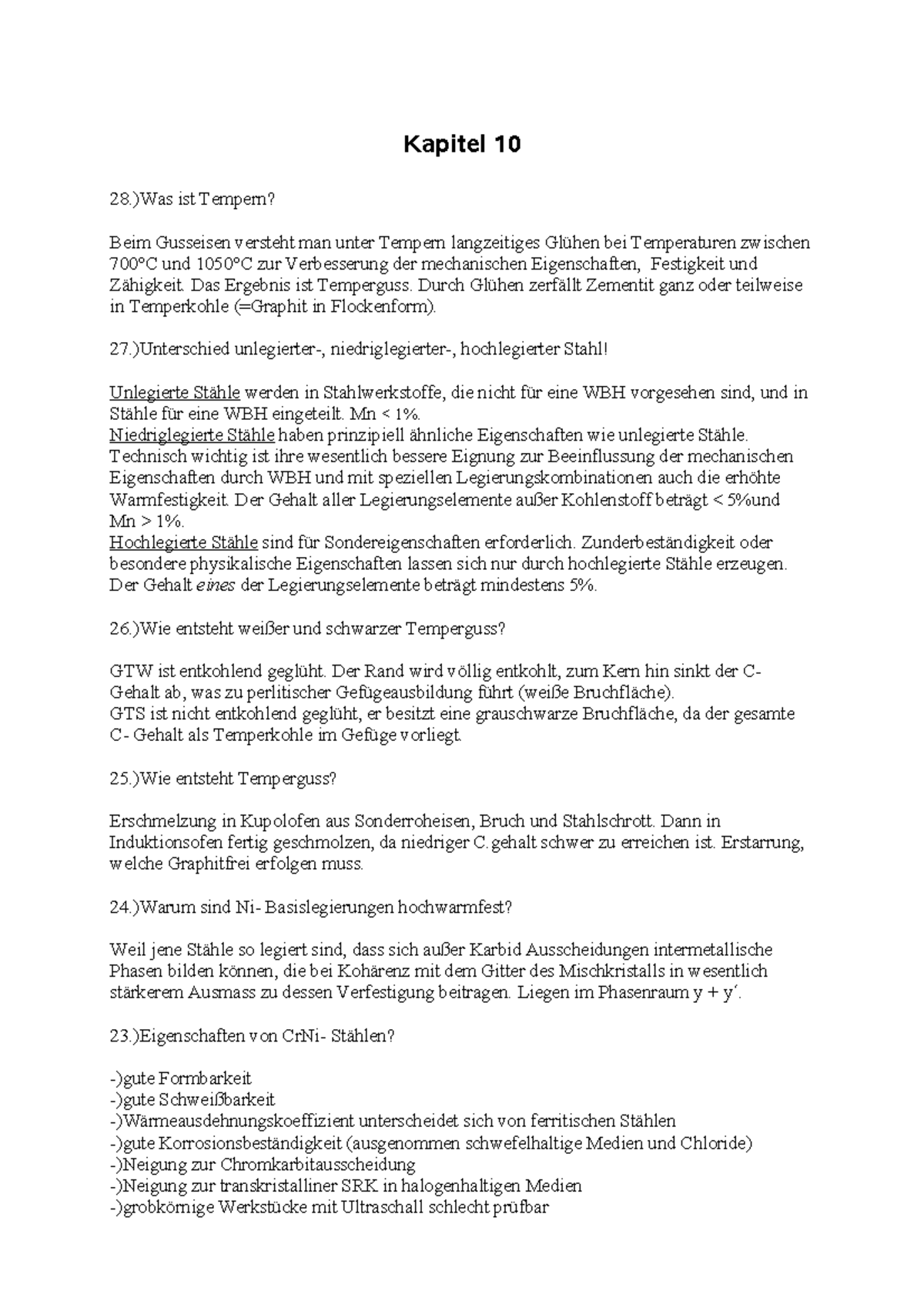 Ausarbeitung 10 Werkstoffgruppen - Kapitel 10 28.)Was ist Tempern? Beim ...