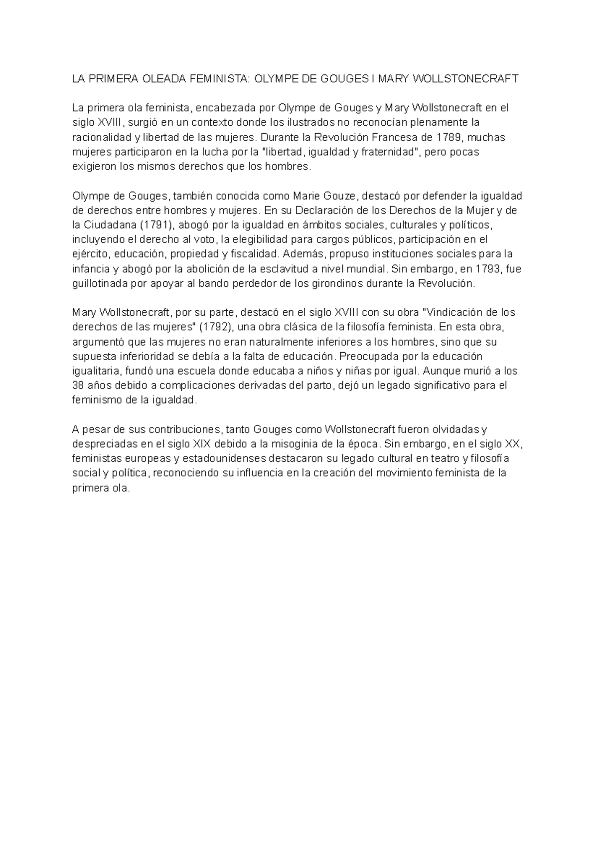 LA Primera Oleada Feminista Olympe DE Gouges I MARY Wollstonecraft - LA ...