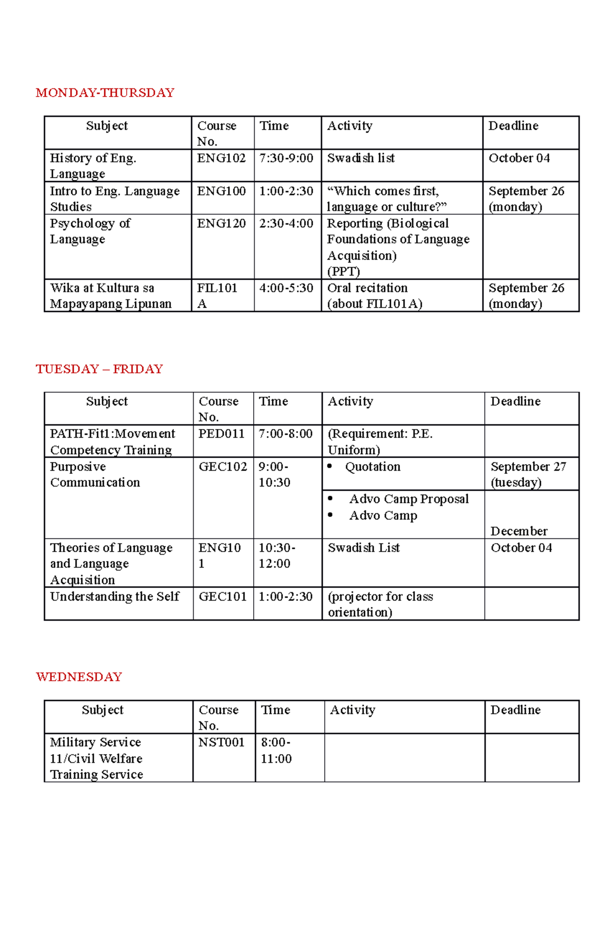 Activities and Schedules - MONDAY-THURSDAY Subject Course No. Time ...
