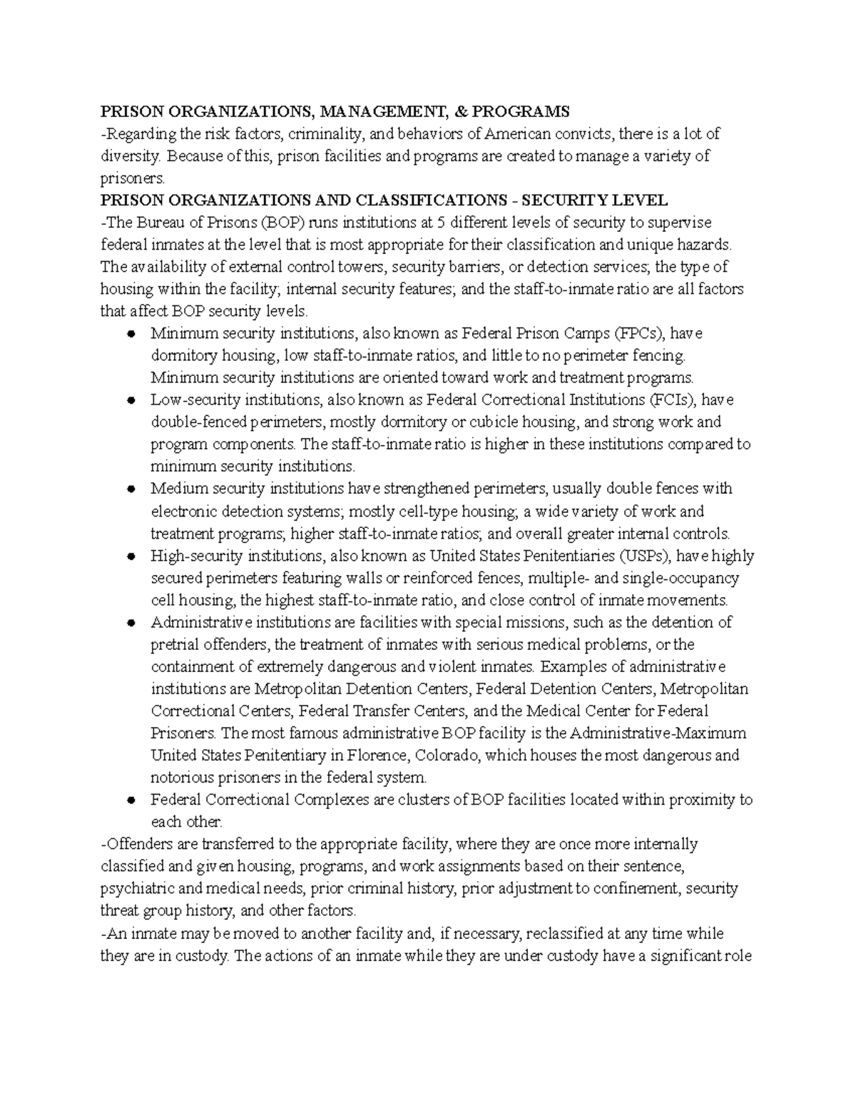 COR 101 Chapter 10 Notes - PRISON ORGANIZATIONS, MANAGEMENT, & PROGRAMS ...