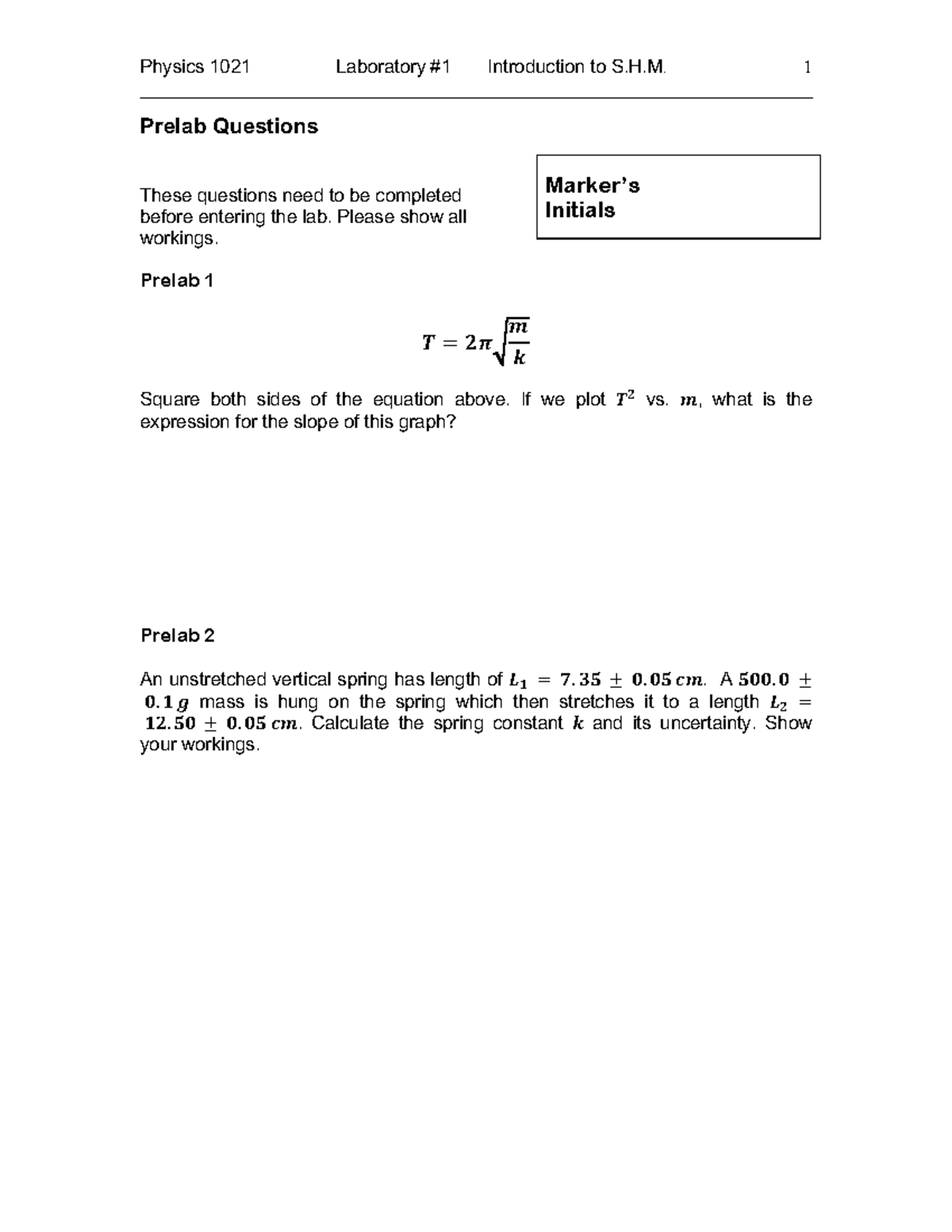 experiment 1 lab - Physics 1021 Laboratory #1 Introduction to S.H. 1 ...