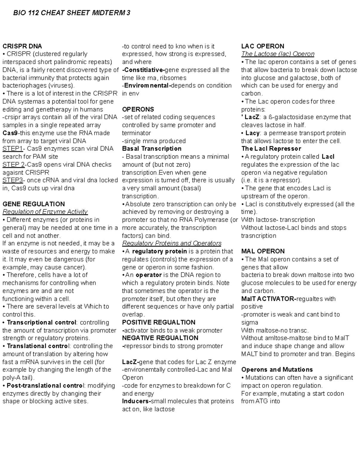 BIOL 112 Midterm Cheat sheet - BIO 112 CHEAT SHEET MIDTERM 3 CRISPR DNA CRISPR (clustered ...