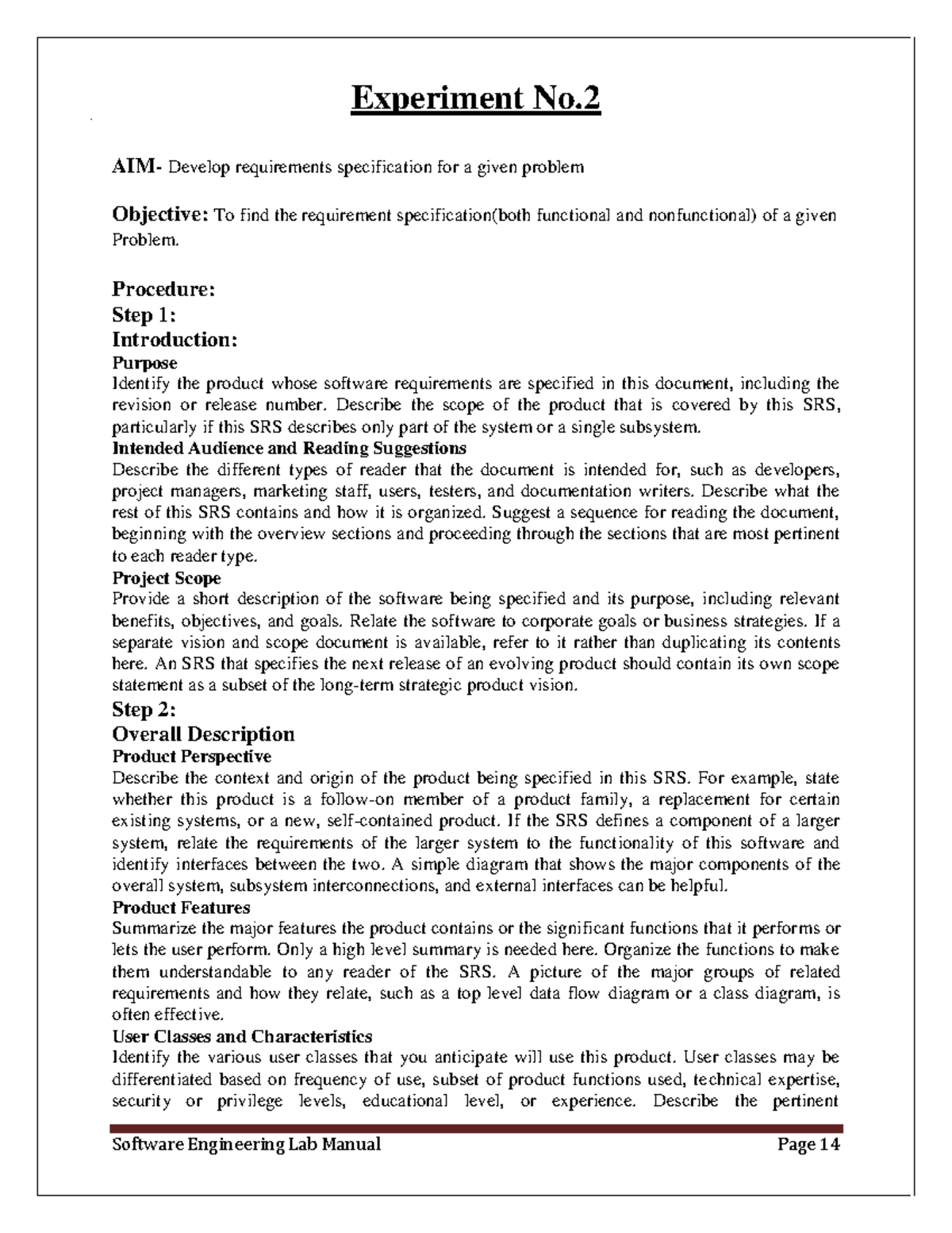 SEPM EXPT 2 - Experiment No. AIM- Develop requirements specification for a given problem ...