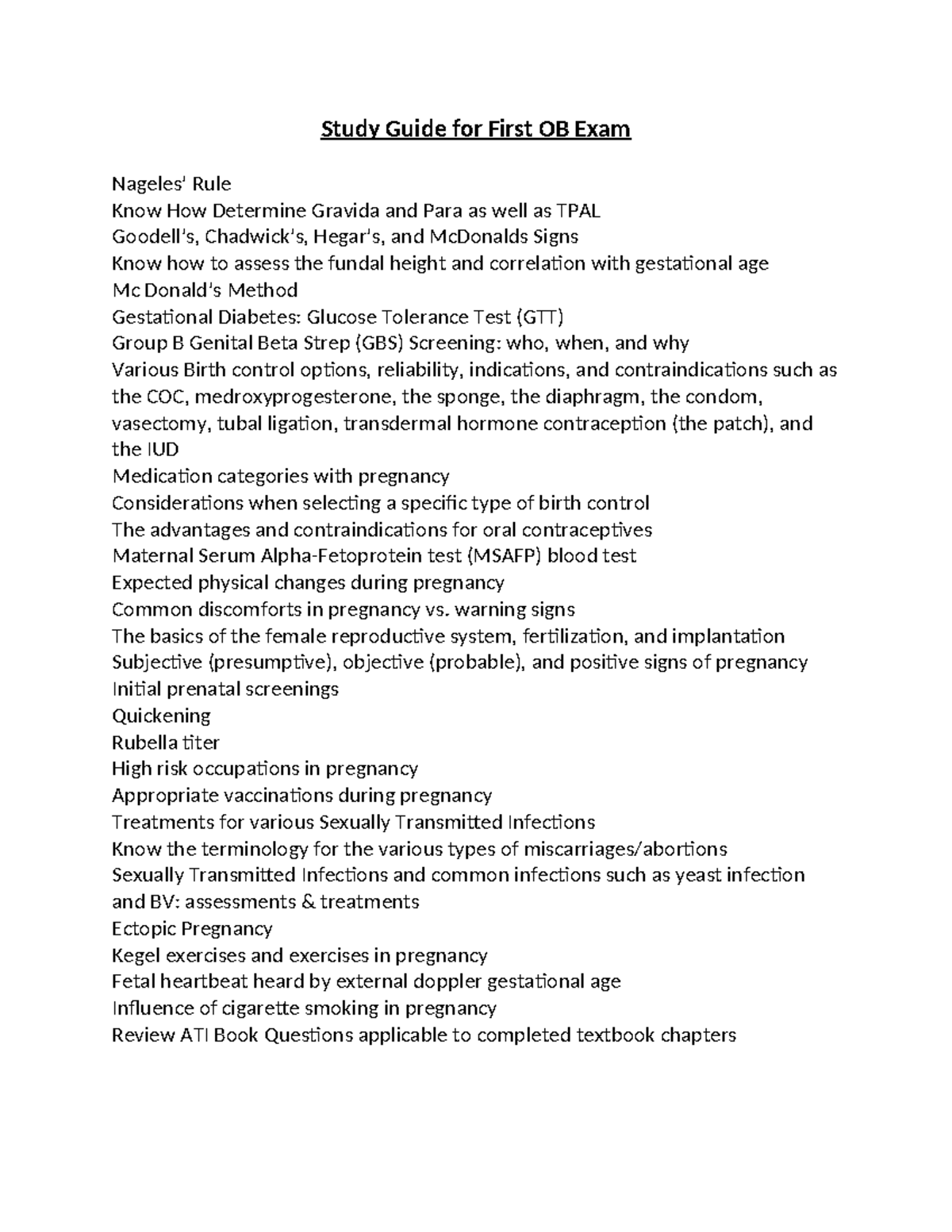 Study Guide for First OB Exam - Study Guide for First OB Exam Nageles ...