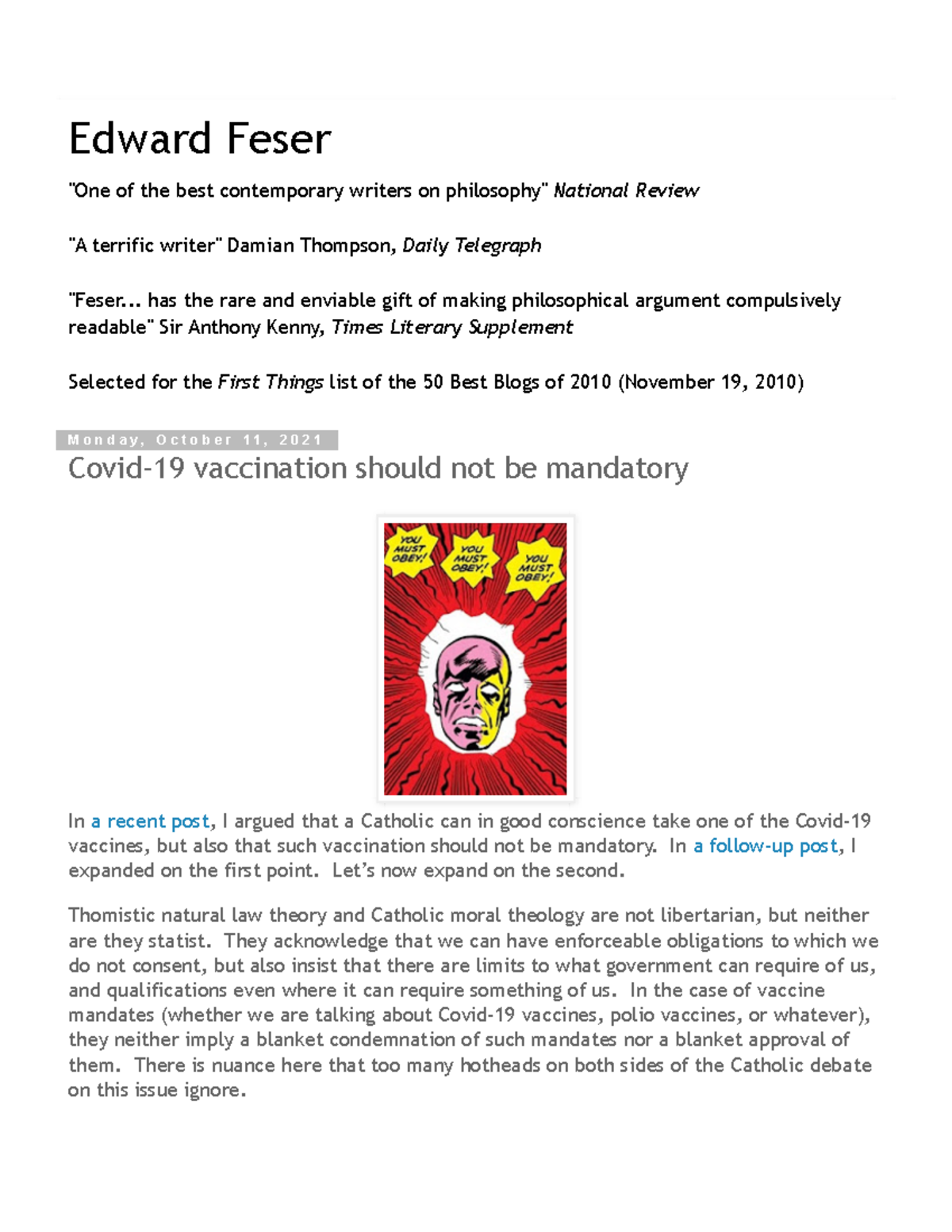 Edward Feser- Covid-19 vaccination should not be mandatory - "One of ...