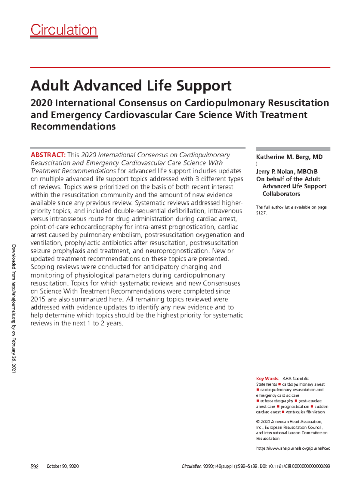 Adult Advanced Life Support 2020 Consensus - S92 October 20, 2020 ...