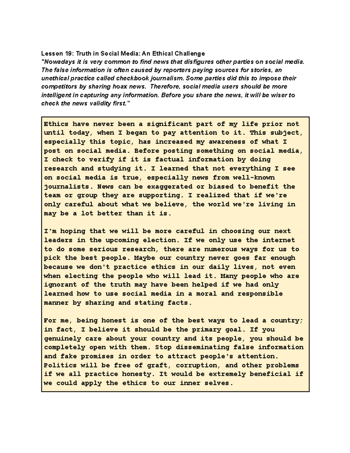 GEN 006 Reflection - Lesson 19: Truth in Social Media: An Ethical ...