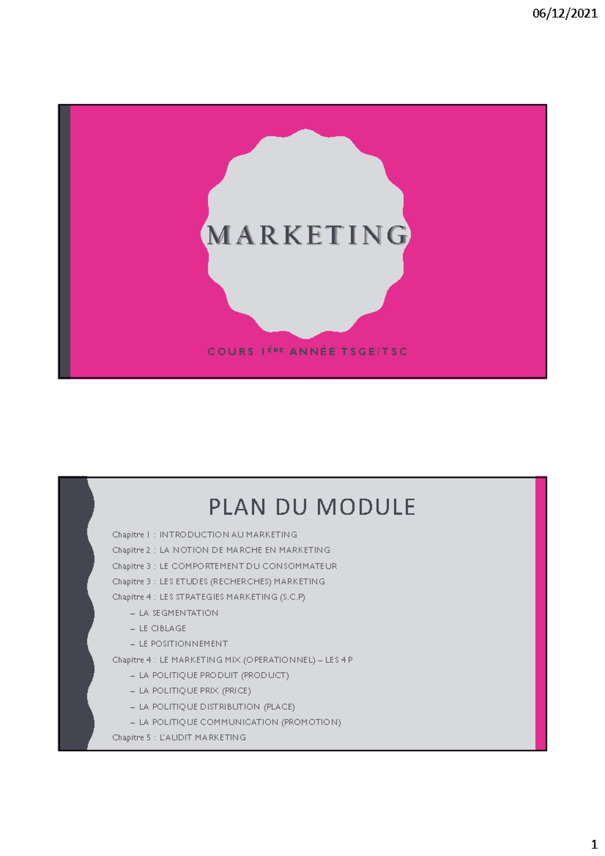 Chapitre Introduction au Marketing - CDS TSGE 101 - 2021-2022 - M A R K E T I N G C O U R S 1 È ...