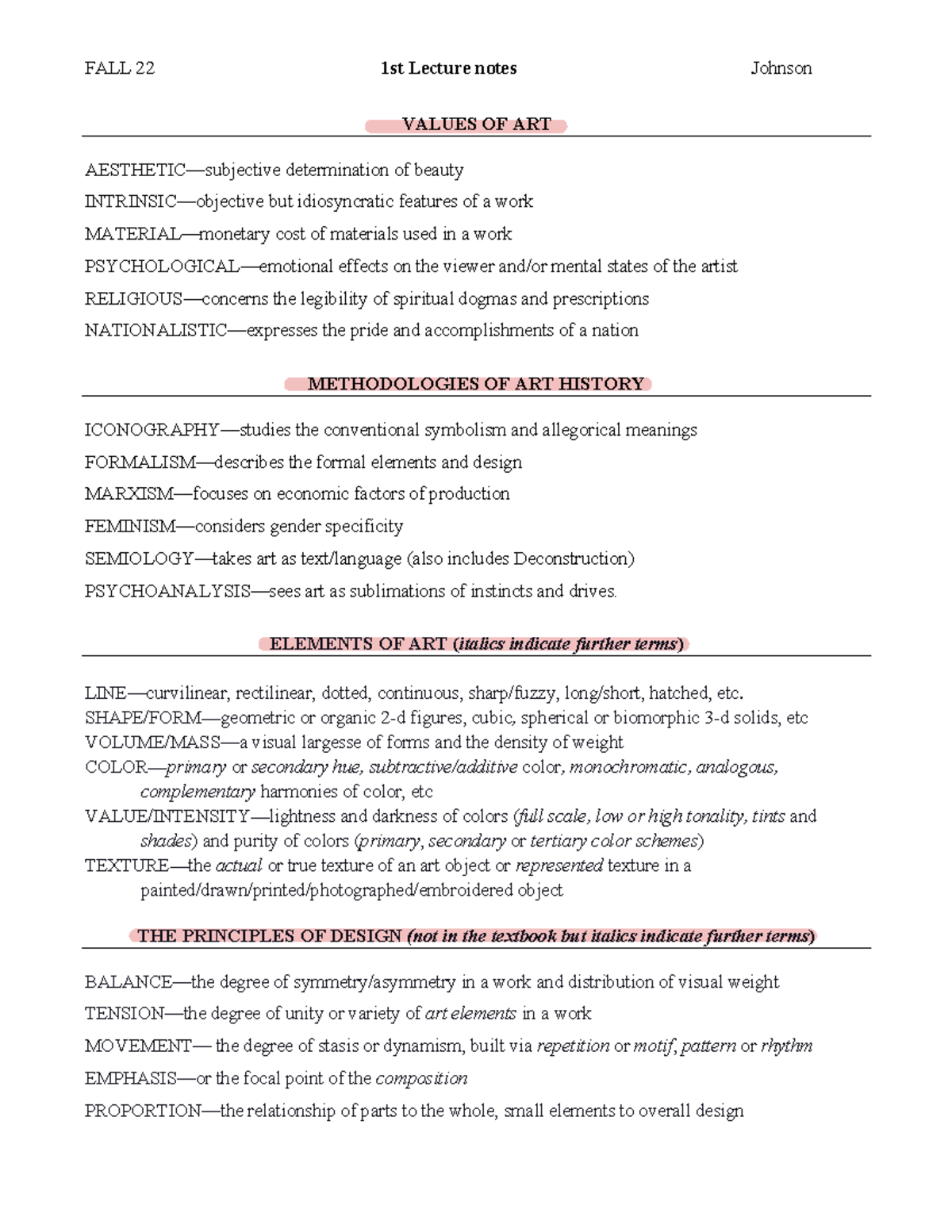 Lecture 1 art history note - FALL 22 1st Lecture notes Johnson VALUES ...