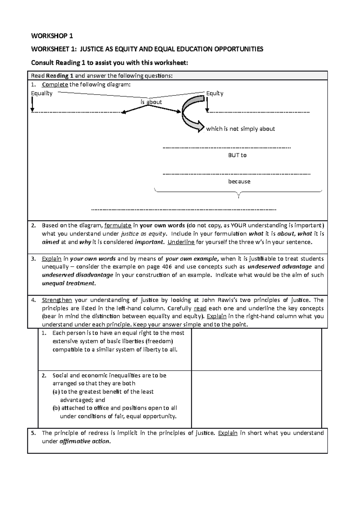 Worksheet 1 Justice as equity and equal education opportunities(1 ...