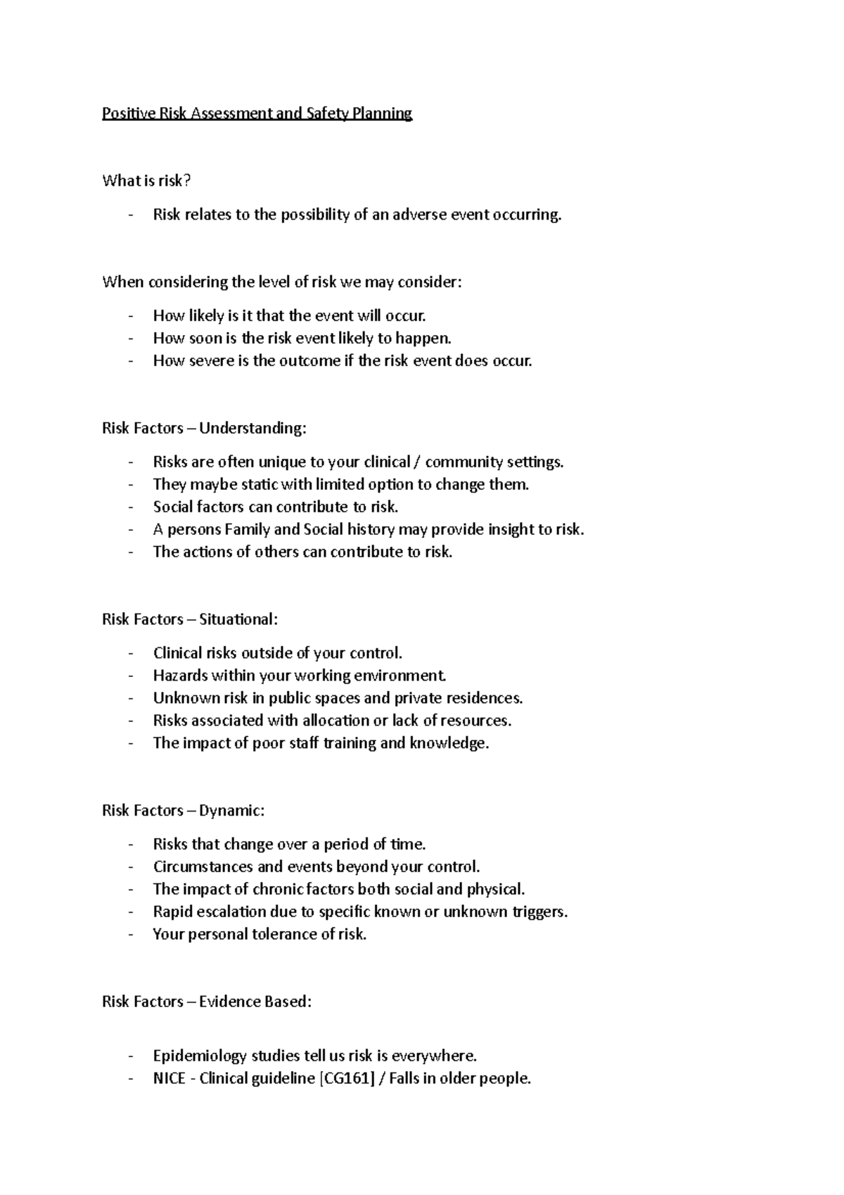 Positive Risk Assessment and Safety Planning - When considering the ...