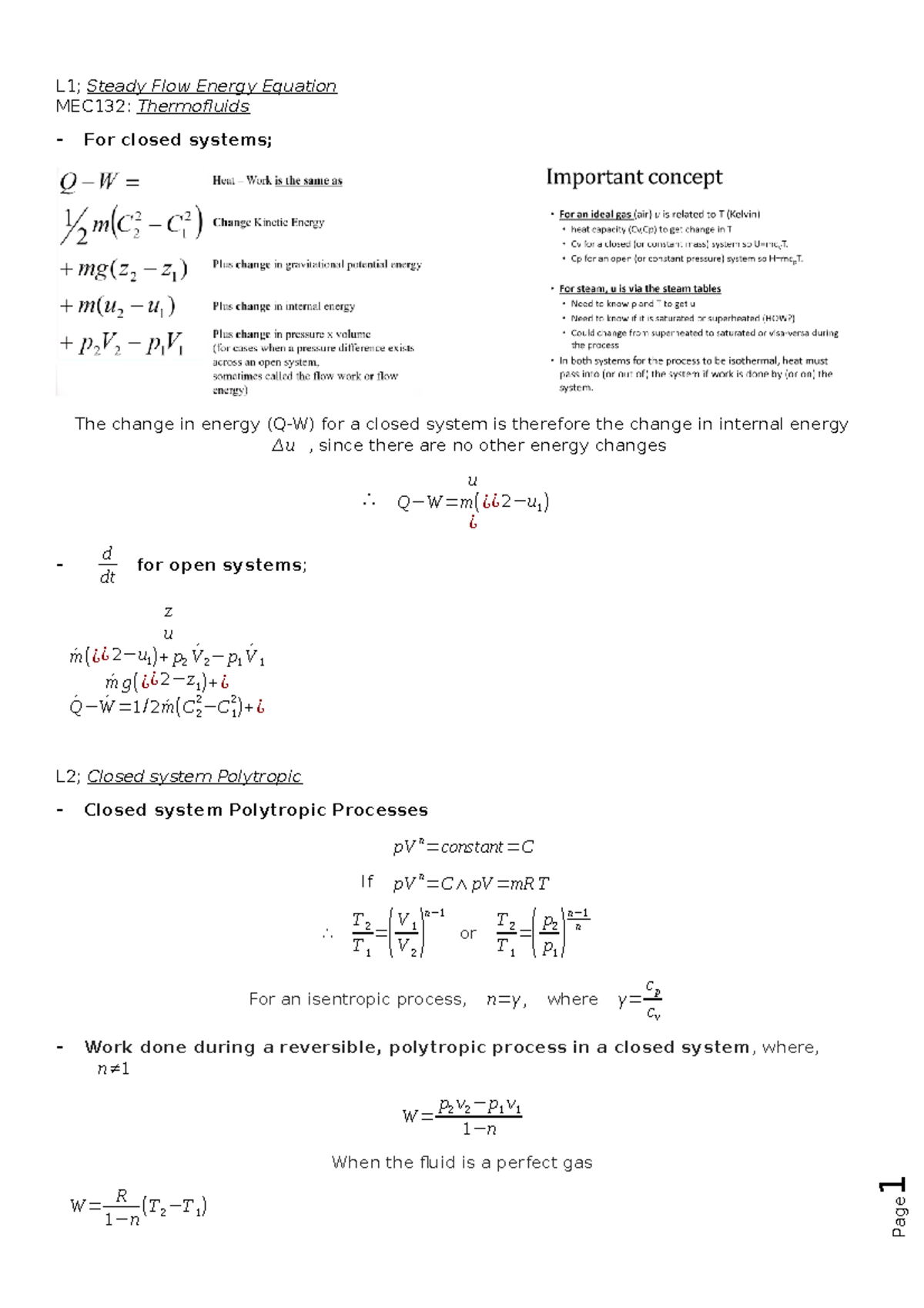 MEC132 Thermofluids - Patrick - 1 L1; Steady Flow Energy Equation ...