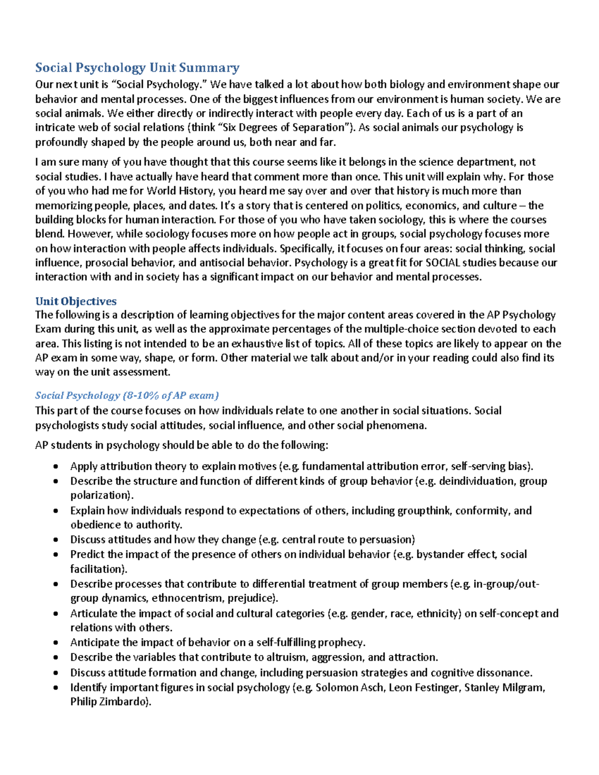 AP Psych Social Psychology Unit Summary 2014 - Social Psychology Unit ...