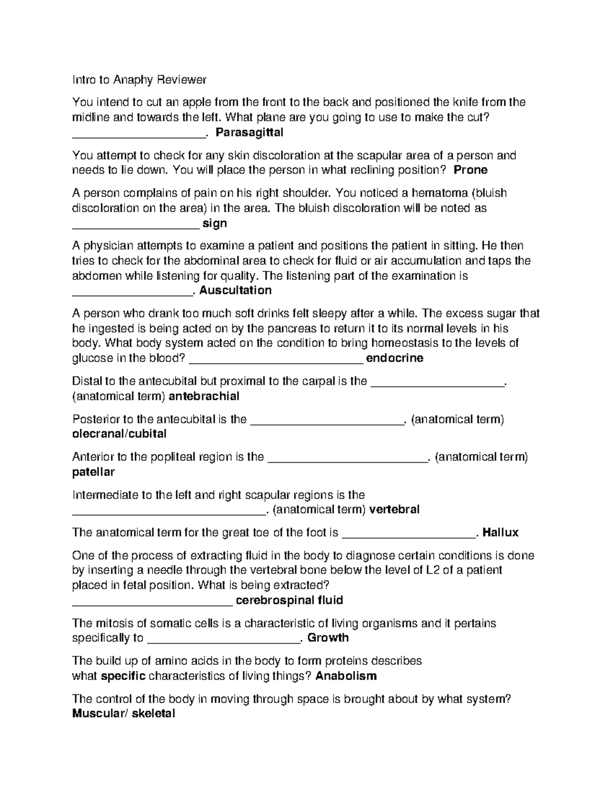 Intro to Anaphy Review Questions - Intro to Anaphy Reviewer You intend ...