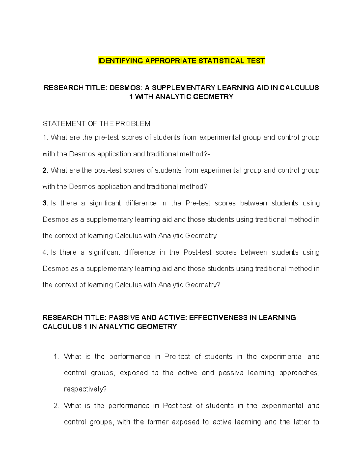 Identifying Appropriate Statistical TEST - IDENTIFYING APPROPRIATE ...