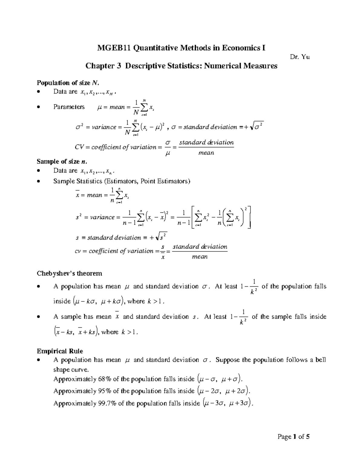 MGEB11-Formula Sheet - none - MGEB11 Quantitative Methods in Economics ...