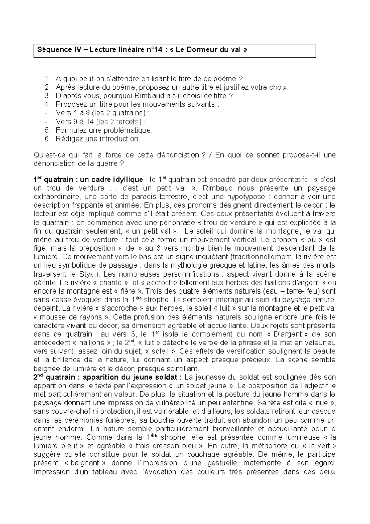 Le dormeur du val analyse linéaire - Séquence IV – Lecture linéaire n ...