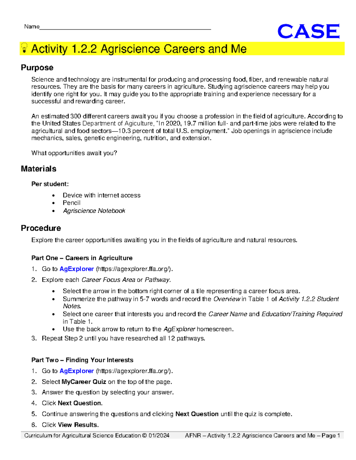 Activity 1 2 2Agriscience Careers Me - Curriculum for Agricultural ...