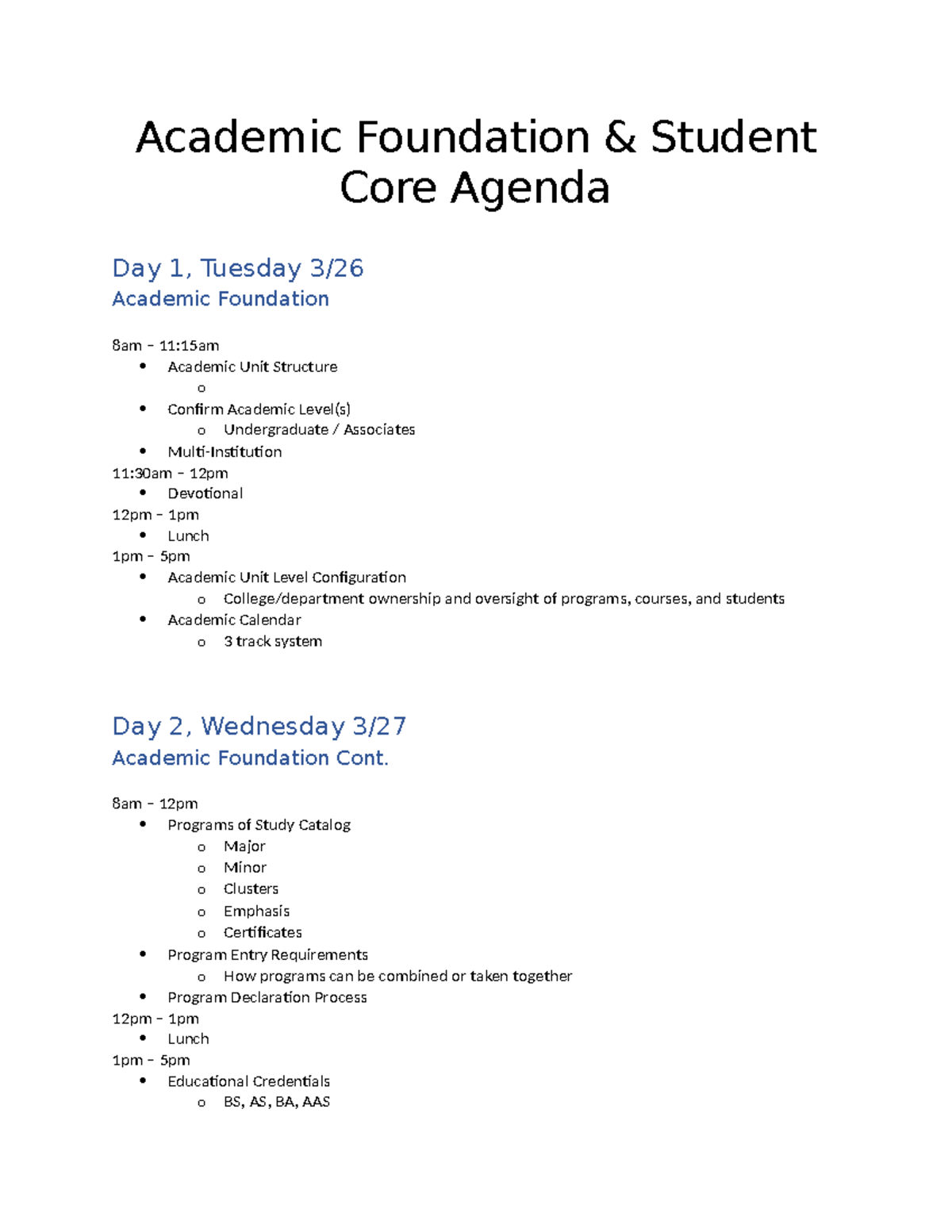 Academic Foundation Agenda - Academic Foundation & Student Core Agenda ...