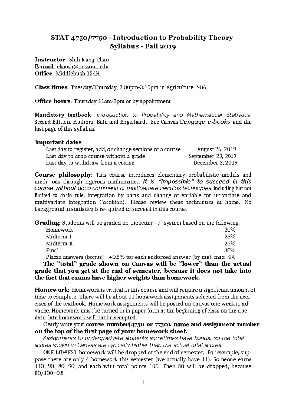 Syl 2019 fa 47507750 - syllabus for stat 4750 - STAT 4750/7750 - Introduction to Probability ...