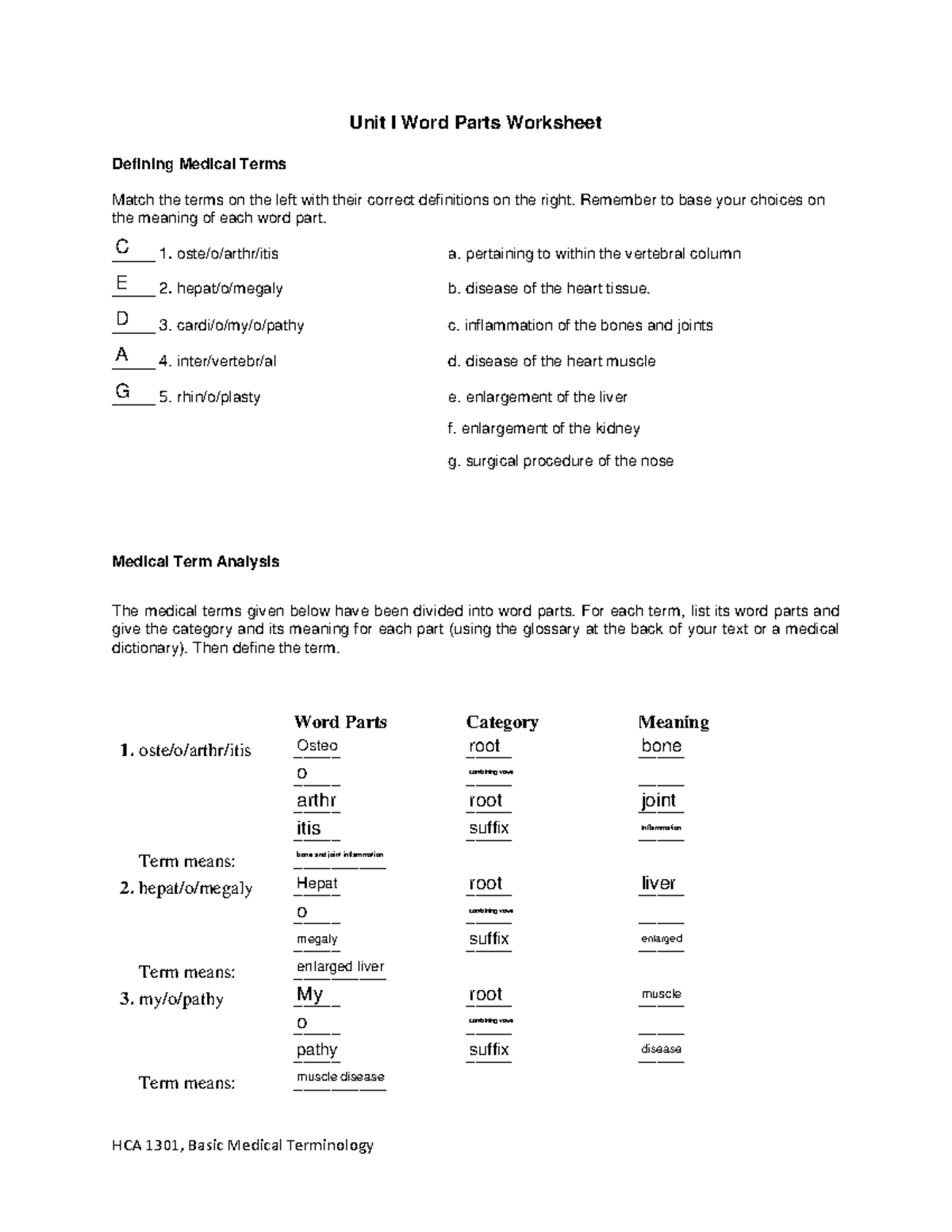 Unit 1 - A worksheet for unit 1 - HCA 1301, Basic Medical Terminology ...