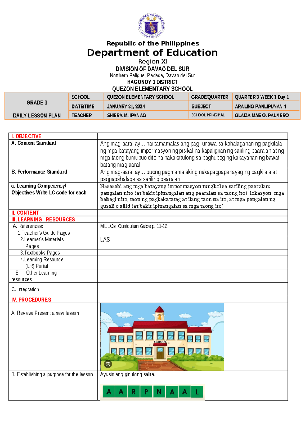DLP AP Q3 w1 D1 - Sample Lesson plan - Republic of the Philippines ...