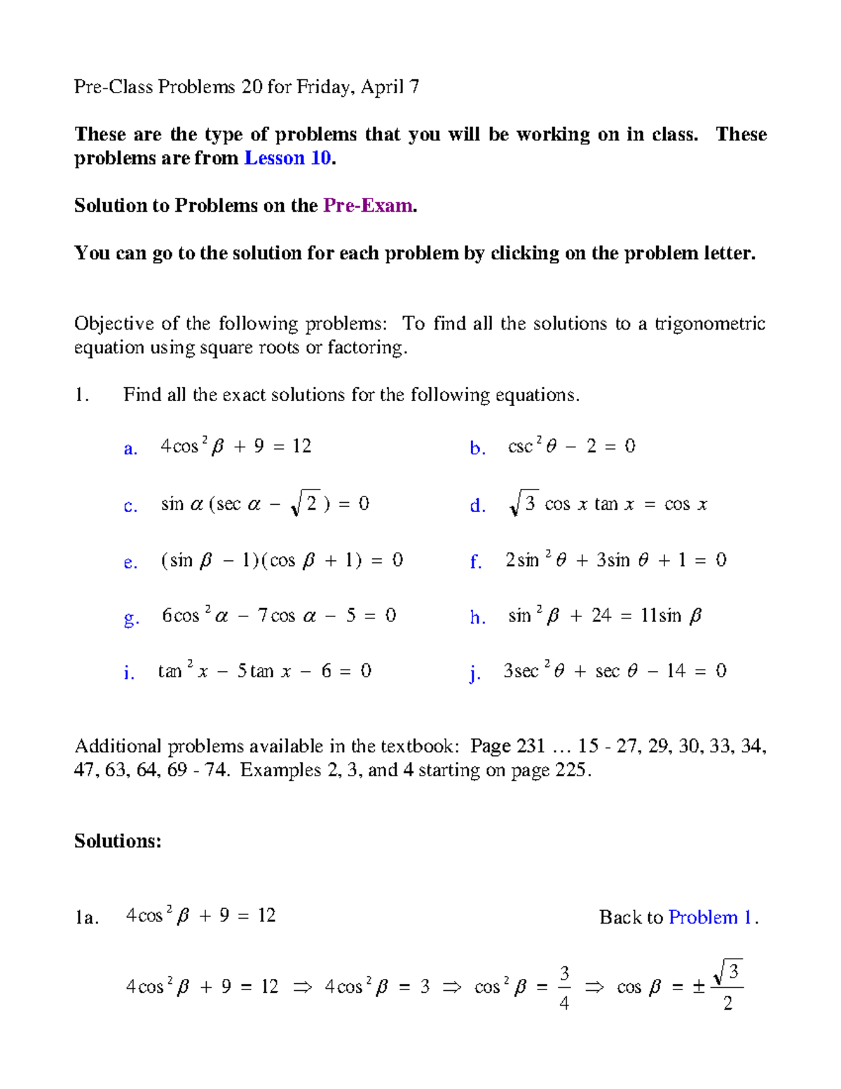 Problems 20MWF Pre Class Problems 20 For Friday April 7 These Are