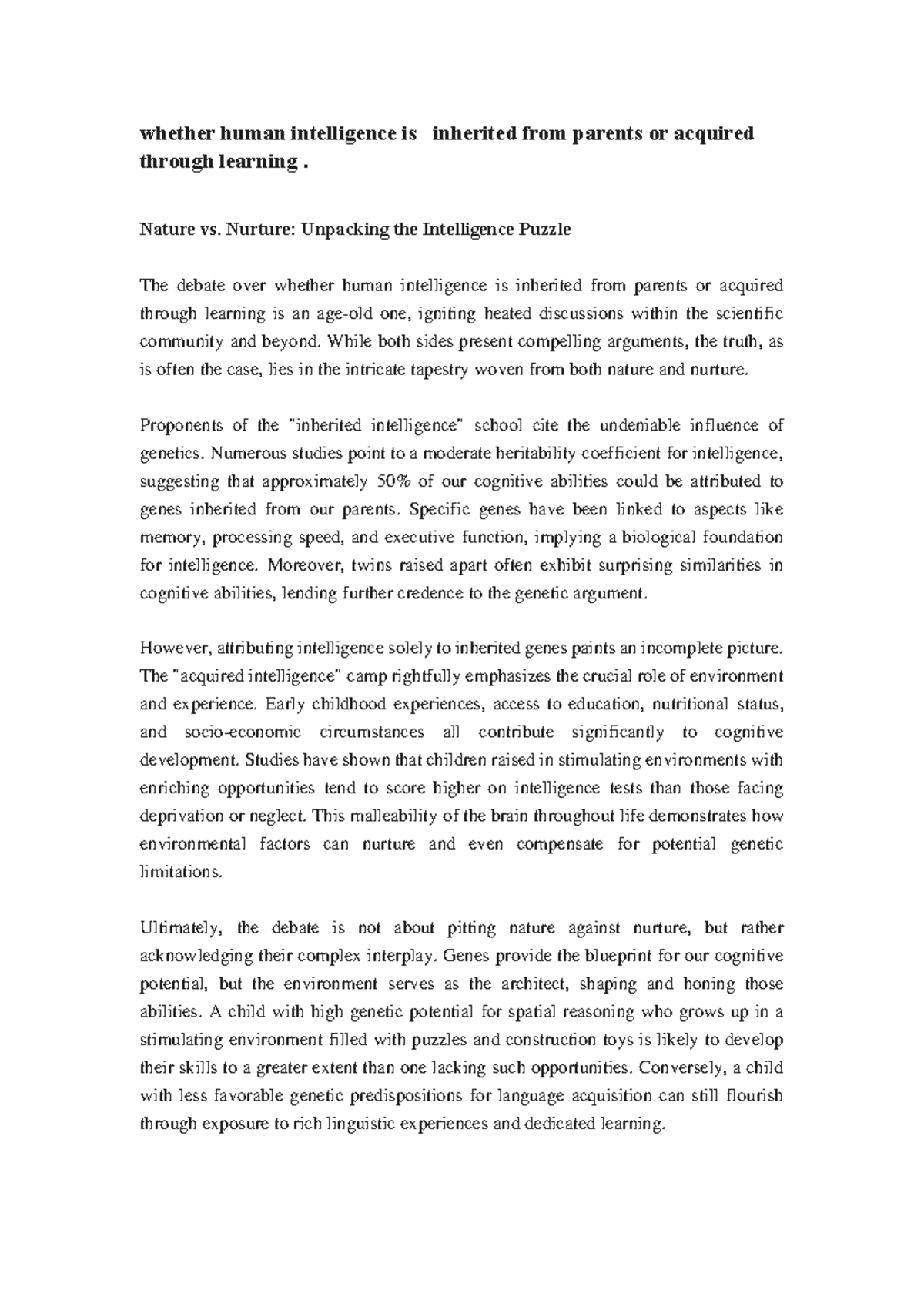 Essay - whether human intelligence is inherited from parents or ...