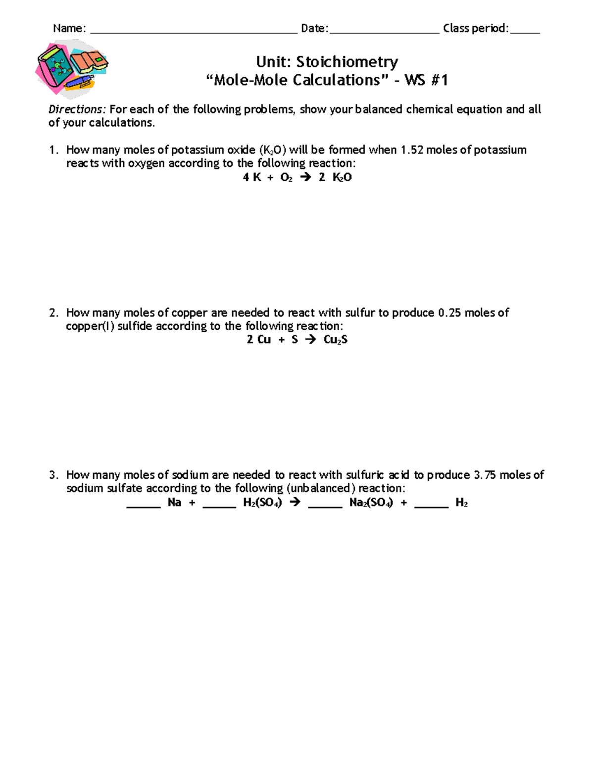 Mole to Mole Calculations Worksheet - Name ...