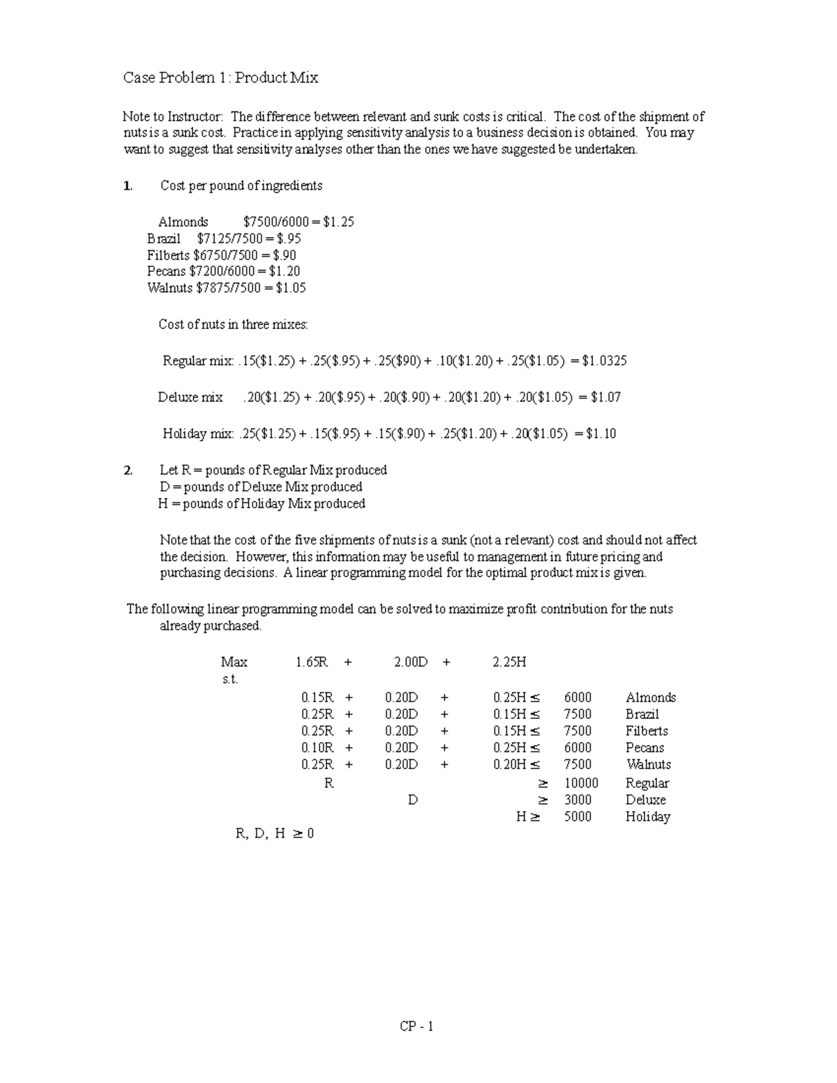 Case Problem 1 Product Mix - Case Problem 1: Product Mix Note to ...