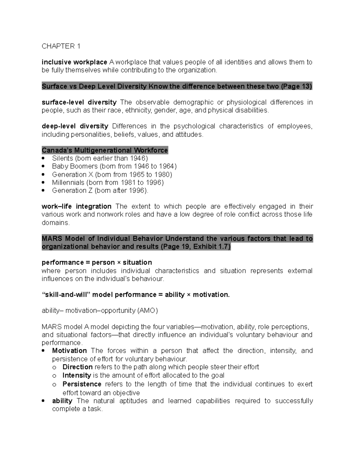 ORGB Midterm Reviewer - Summary Canadian Organizational Behavior - CHAPTER 1 inclusive workplace ...