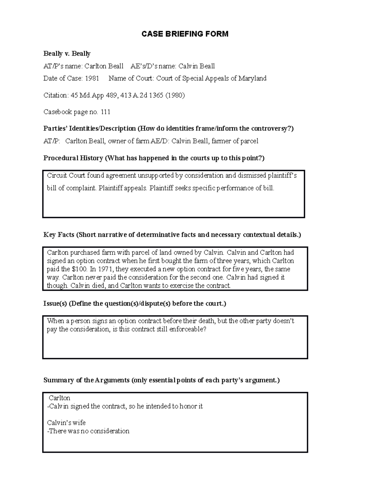 Beall v. Beall - Case brief. - CASE BRIEFING FORM Beally v. Beally AT/P ...