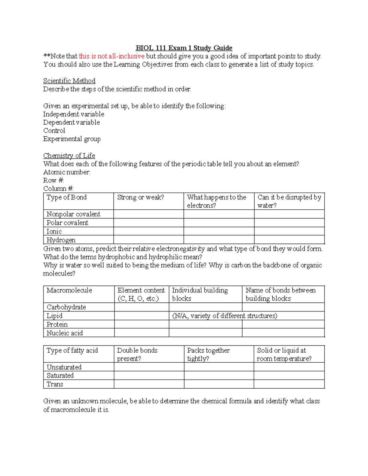 Exam 1 Study Guide-1 - BIOL 111 Exam 1 Study Guide **Note that this is ...