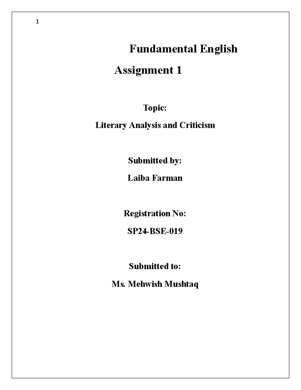 FE assignment 4 - Fundamental English Assignment 1 Topic: Literary Analysis and Criticism ...