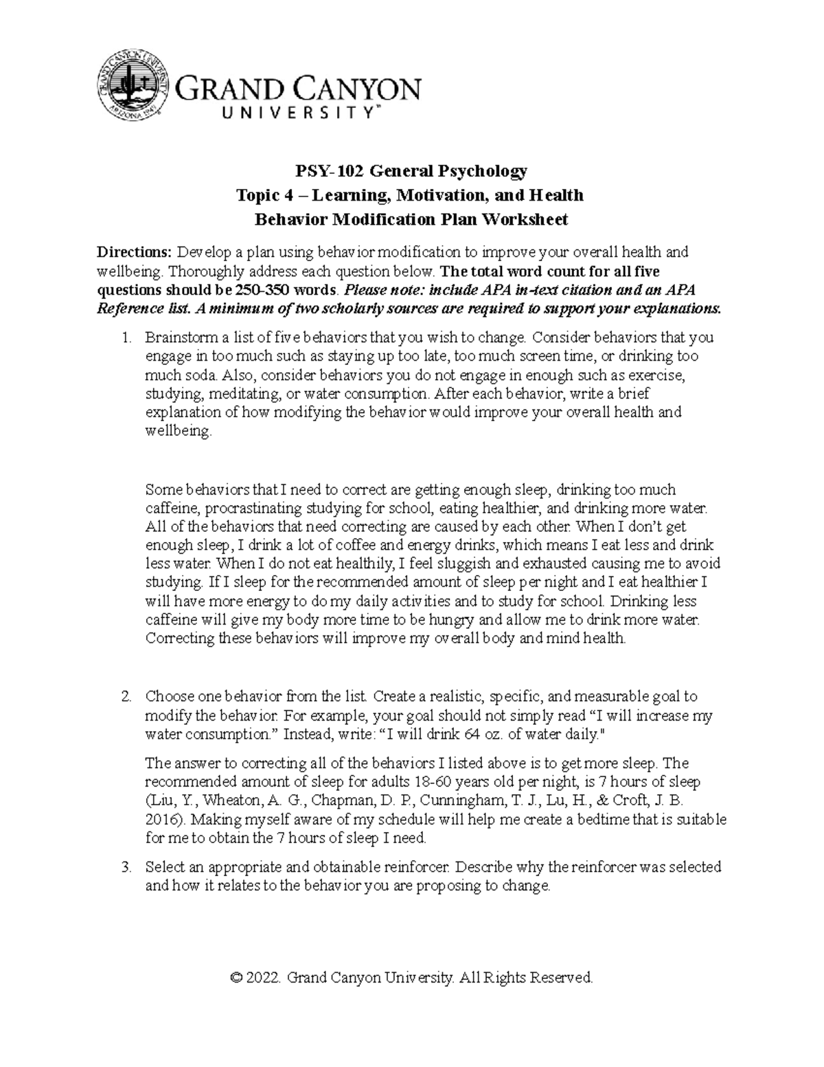 PSY 102 RS T4 Behavior Modification Plan - PSY-102 General Psychology ...