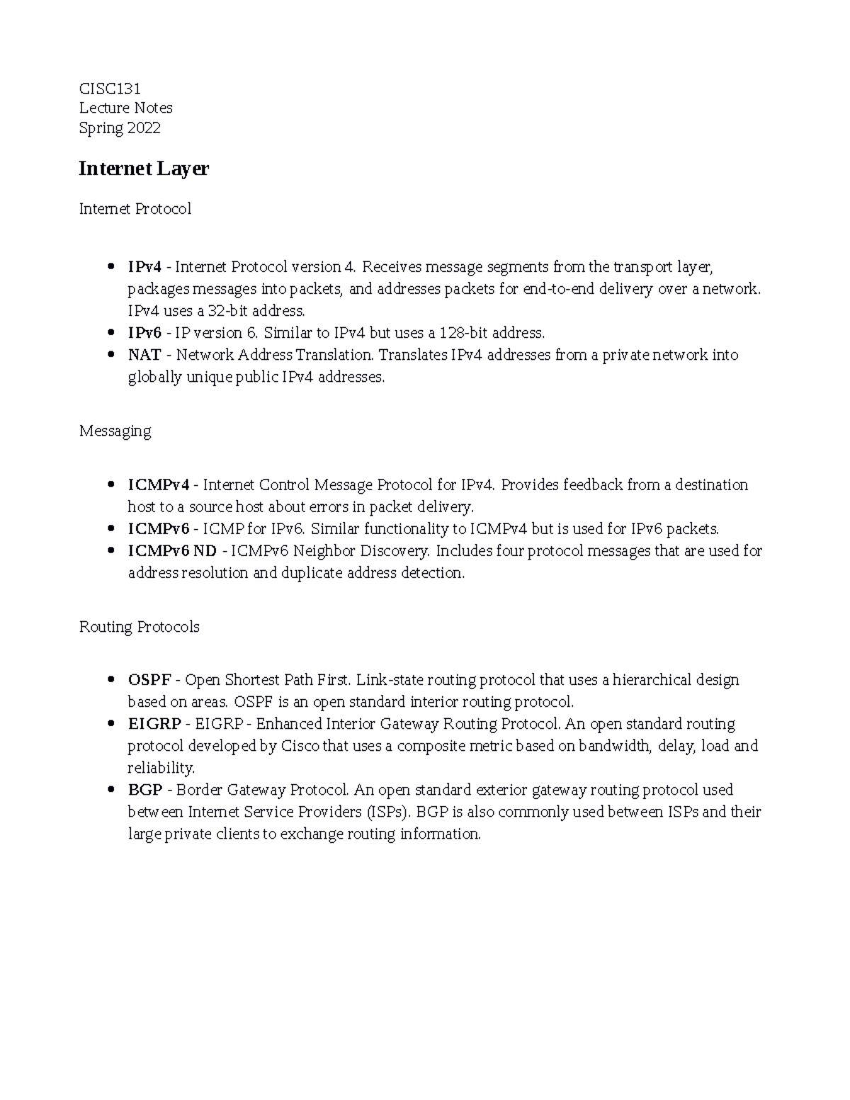 Internet Layerlecture Notes Cisc Lecture Notes Spring 2022 Internet Layer Internet Protocol