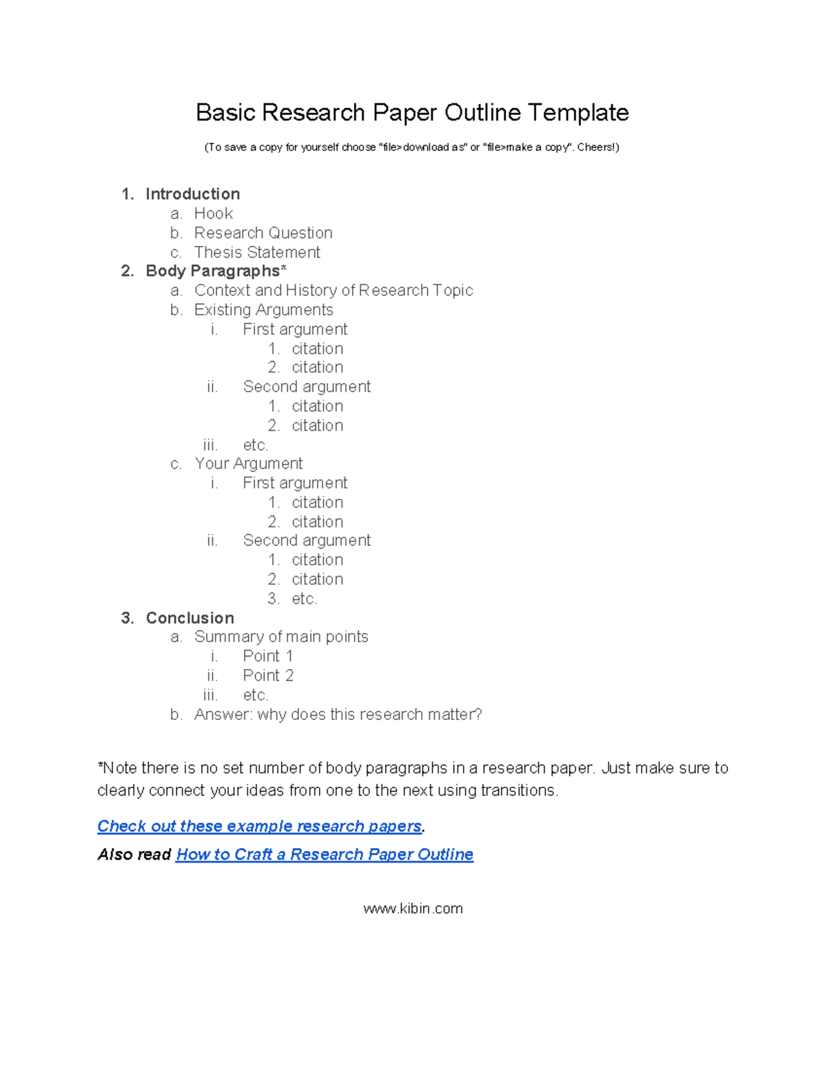 Research Paper Outline Template - Cheers!) Introduction a. Hook b ...