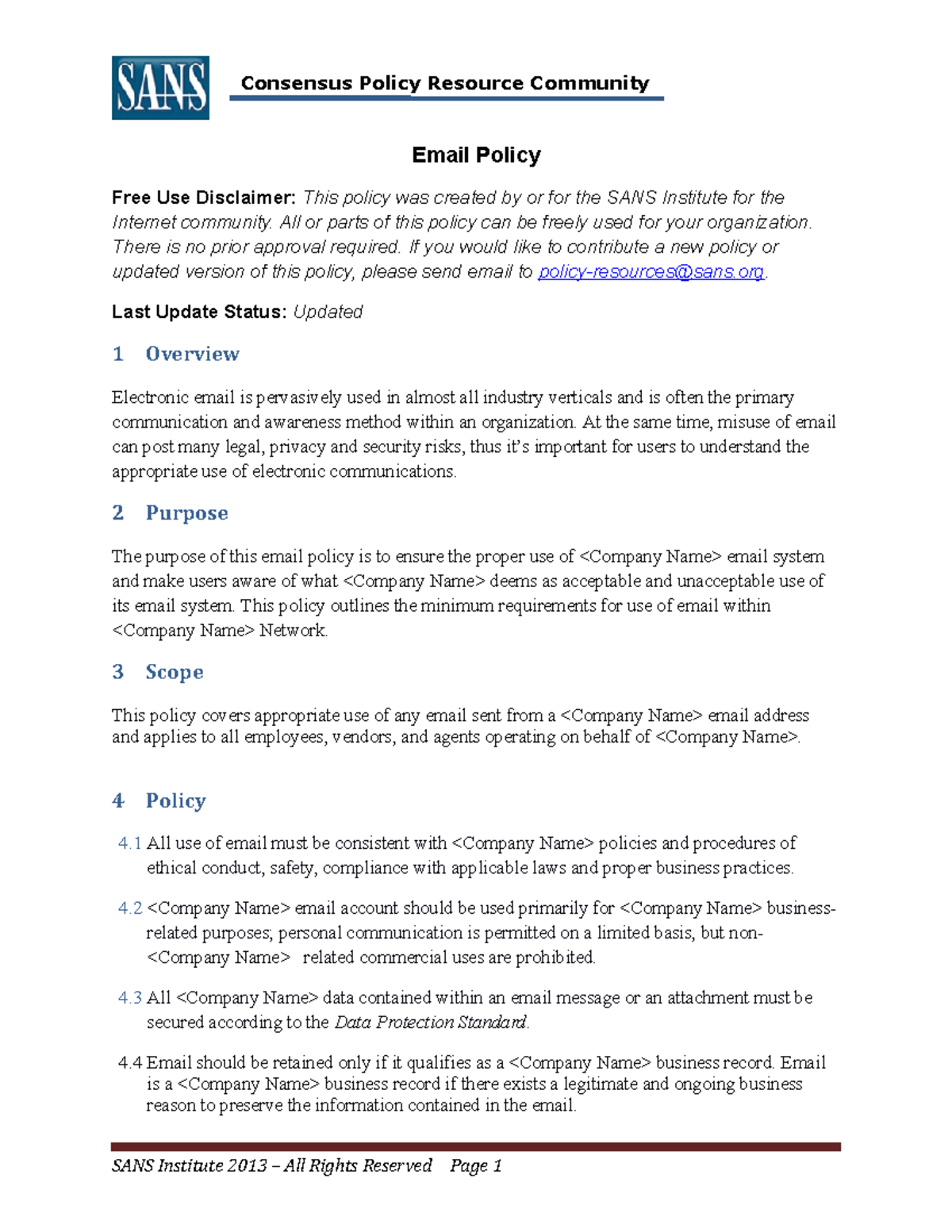 Email policy - Email Policy Free Use Disclaimer: This policy was ...