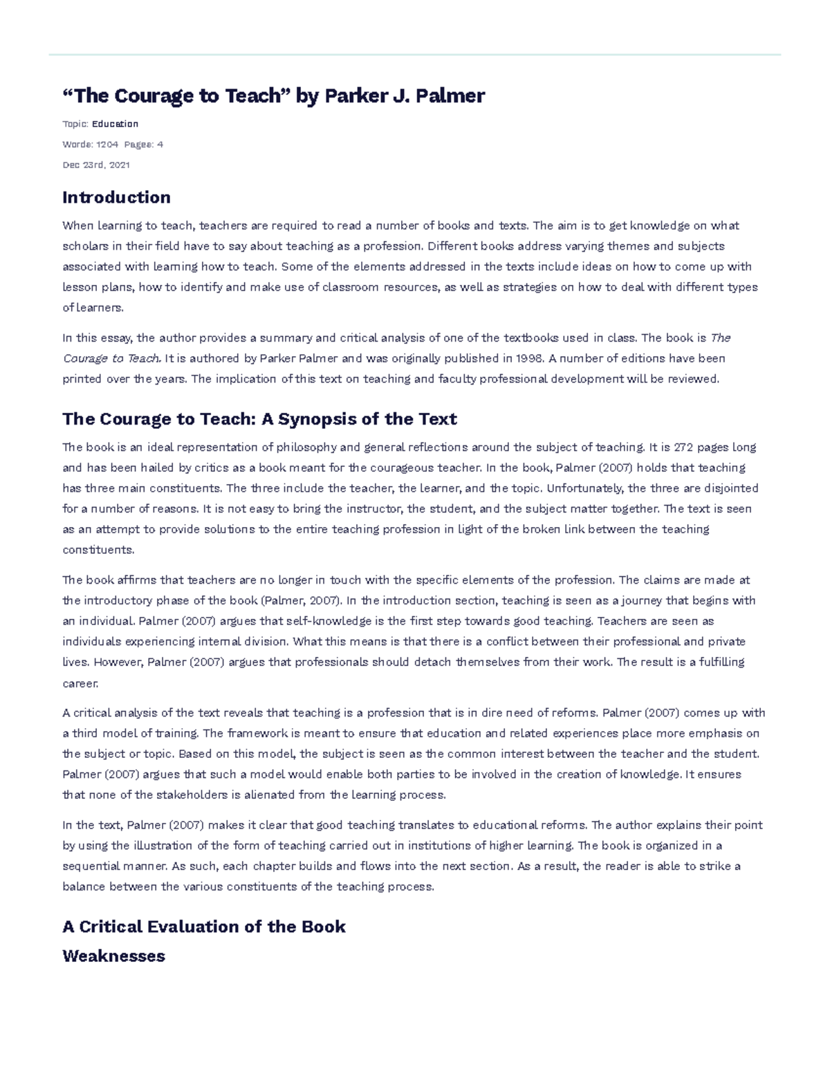 "The Courage to Teach" by Parker J. Palmer Free Essay Example - “The ...