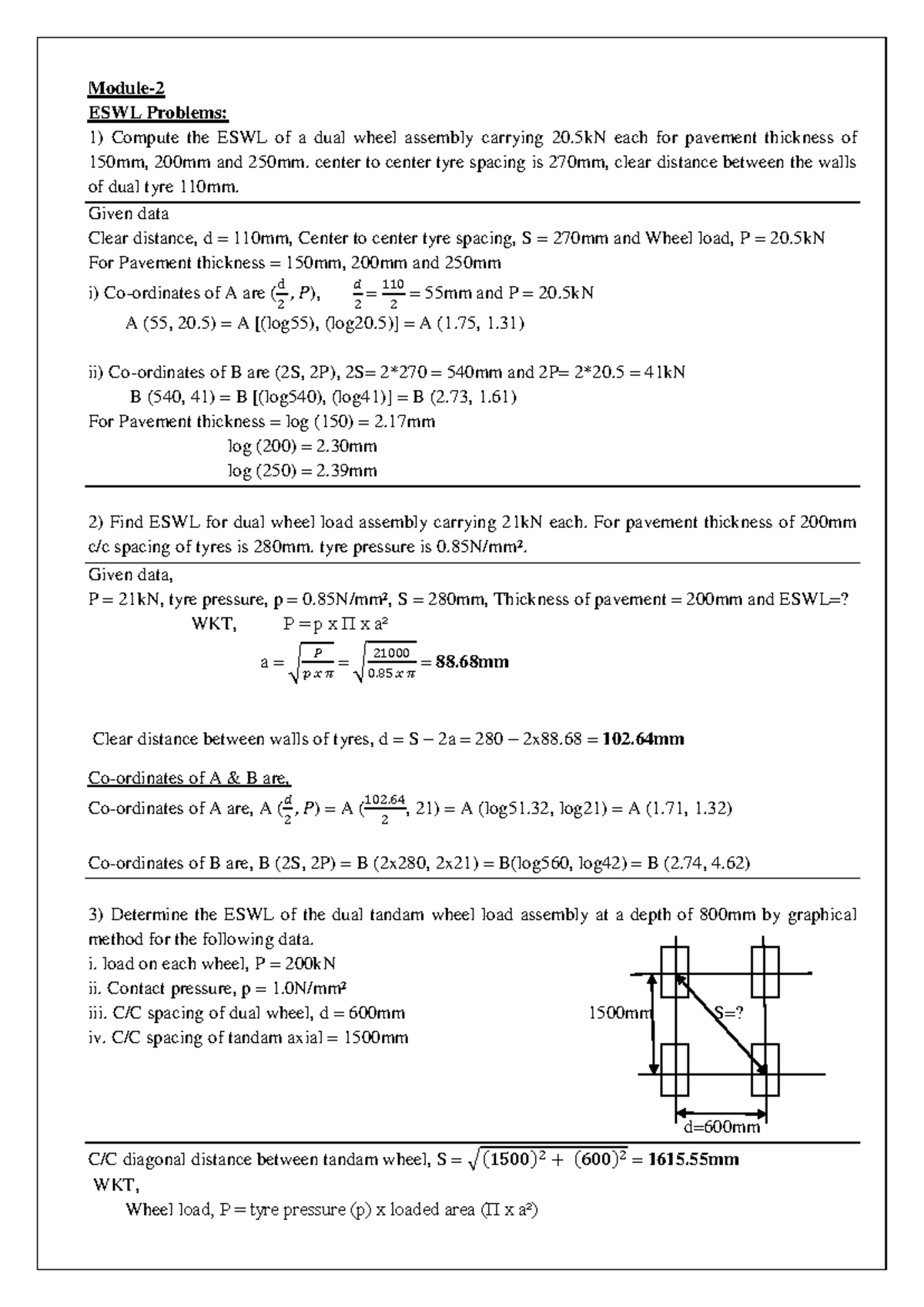 Module-2 Problems PD - Numericals - Module- 2 ESWL Problems: 1) Compute the ESWL of a dual wheel ...