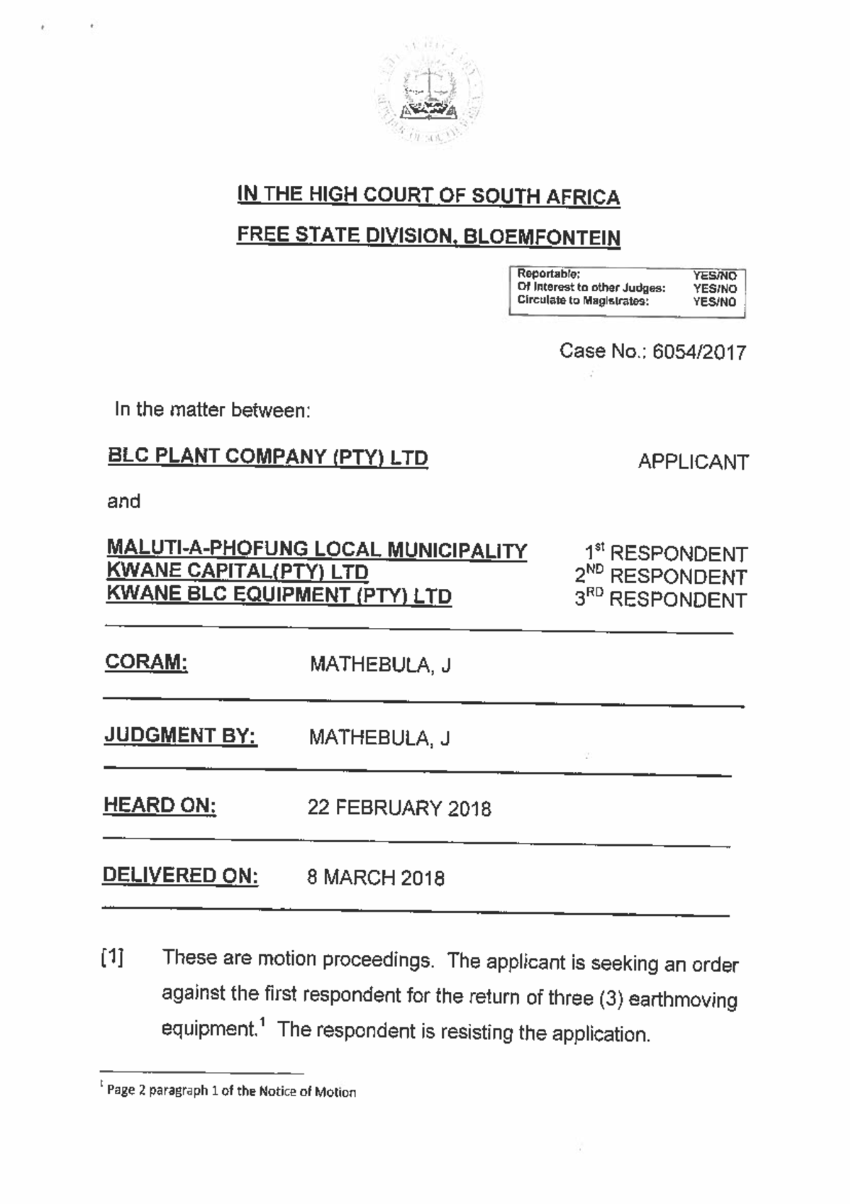 BLC Plant Company V Maluti-A- Phofung Local Municipality AND Others ...