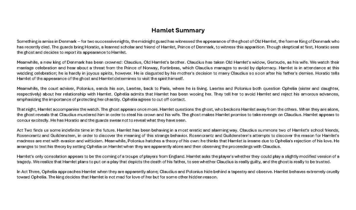 Hamlet Summary - Hamlet Summary Something is amiss in Denmark - for two ...