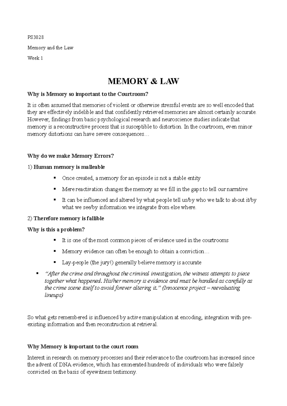 Introduction to Memory and Law - PS Memory and the Law Week 1 MEMORY ...