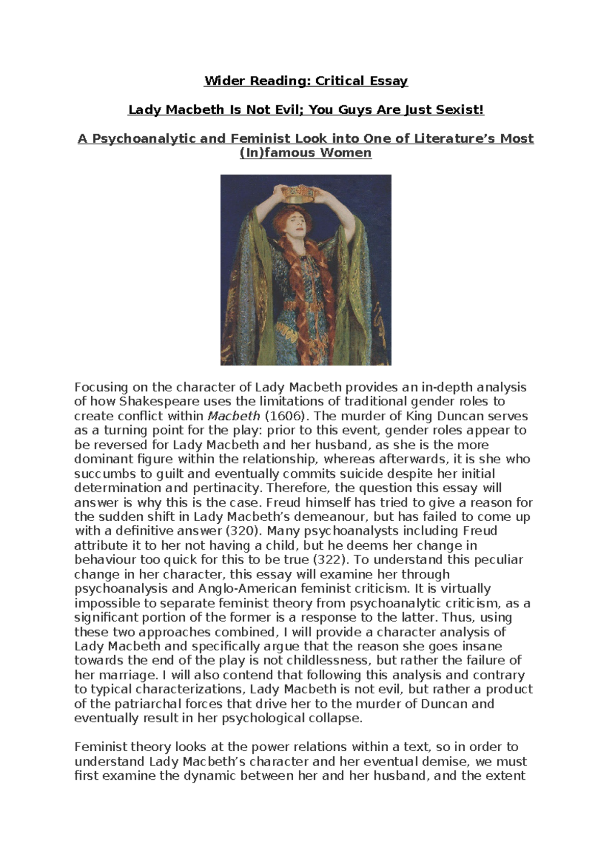 Wider Reading- Lady Macbeth Feminist Analysis - Wider Reading: Critical ...