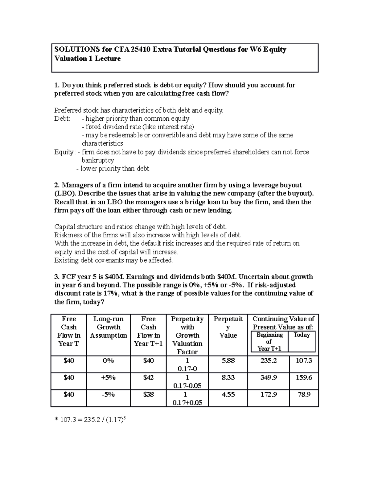 25410 CFA extratutorialsolutions W6 Valuation 1 lecture - SOLUTIONS for CFA 25410 Extra Tutorial ...