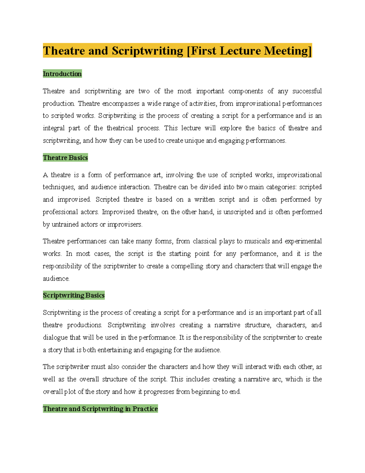 Theatre and Scriptwriting [First Lecture Meeting] - Theatre and ...