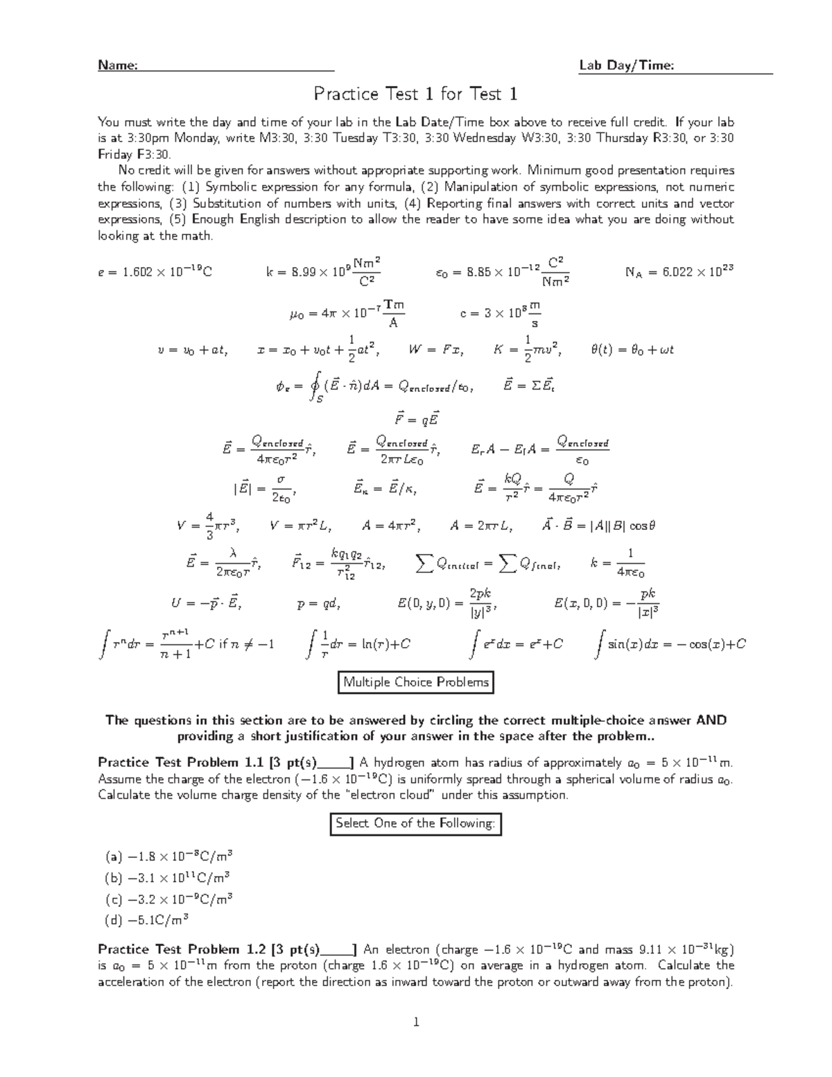 Practicetest-1 - physics112 - Name: Lab Day/Time: Practice Test 1 for ...