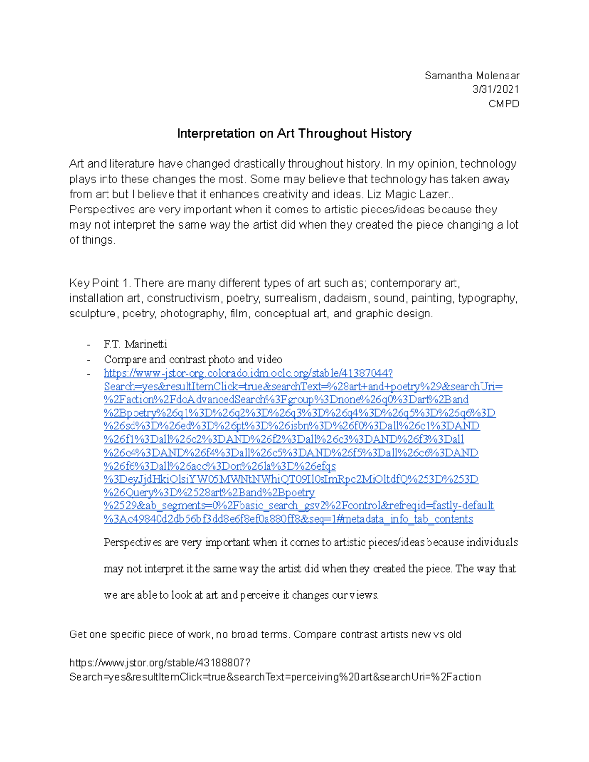 CMPD paper Outline - Samantha Molenaar 3/31/ CMPD Interpretation on Art ...