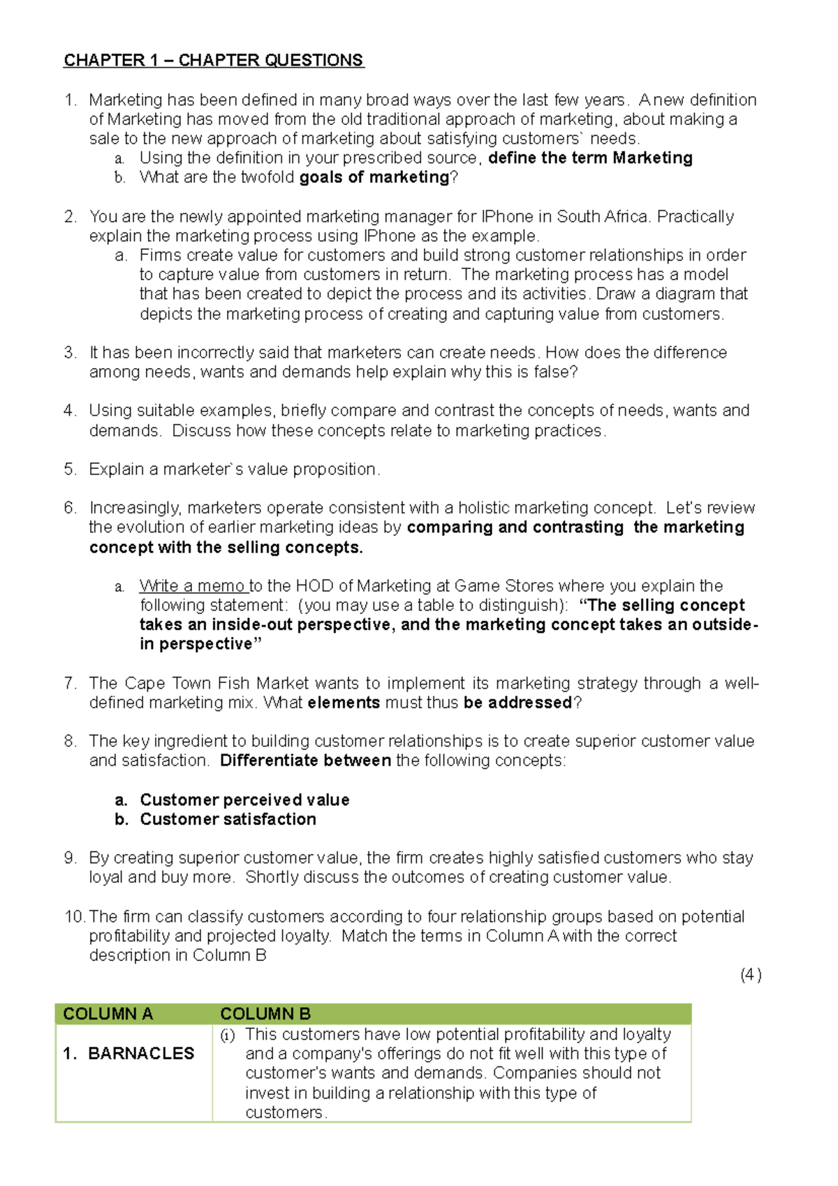 CH 1 - Chapter Questions 1 - CHAPTER 1 – CHAPTER QUESTIONS Marketing ...