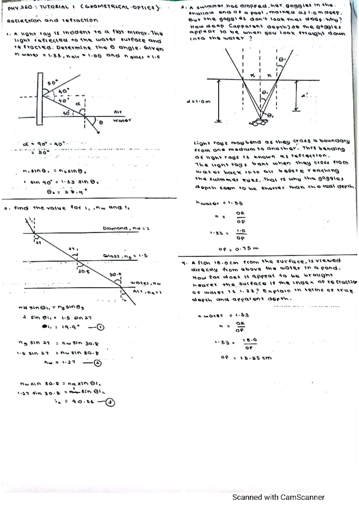 PHY260 Tutorial 1 question and answer - Geometrical Optics - Studocu